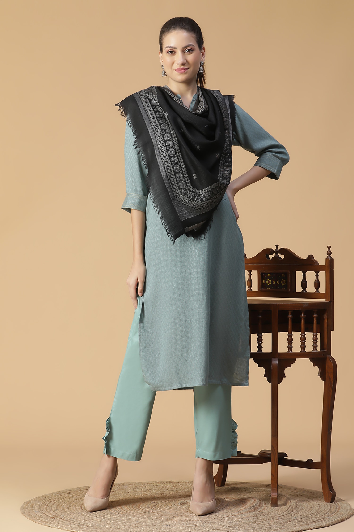 Buy Black Floral Dotted Work Woven Stole by SHINGORA Online at Aza ...