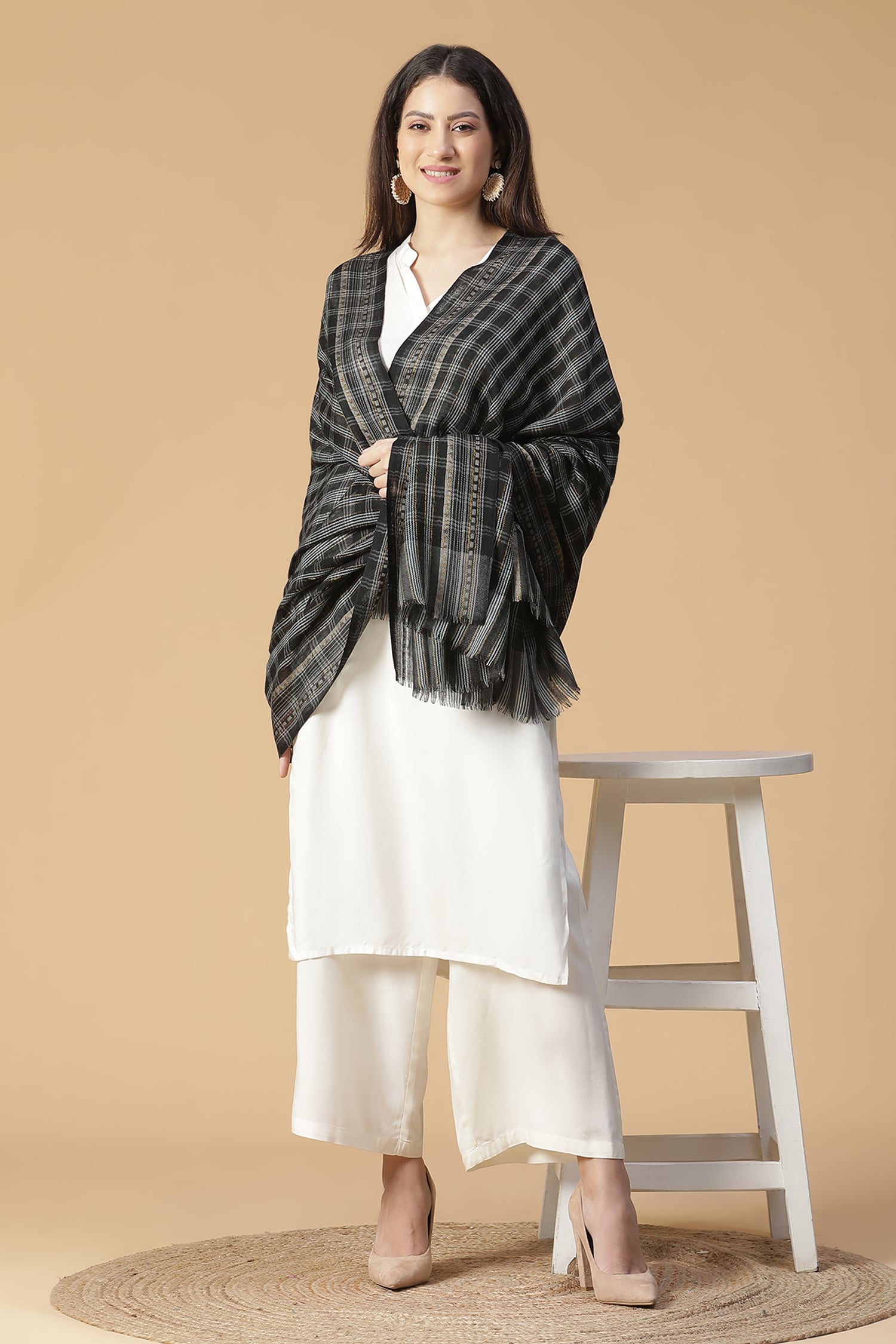 Buy Black Checkered Woven Pattern Noor Afshan Shawl by SHINGORA Online ...