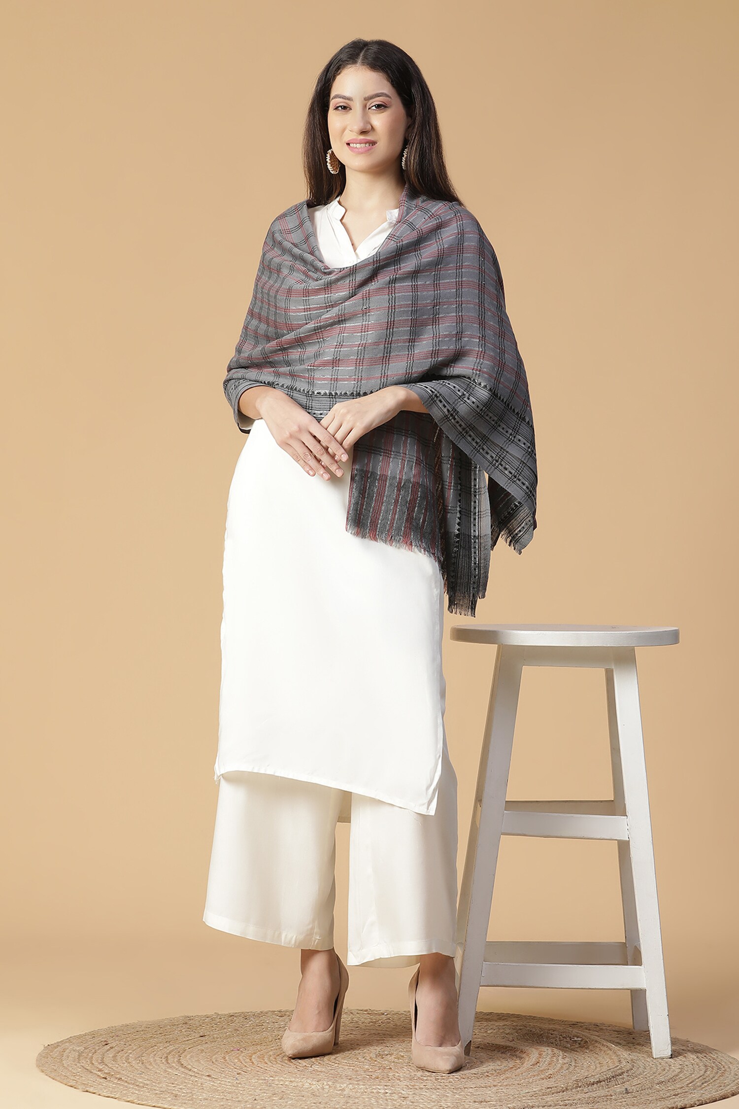 Buy Grey Checkered Woven Pattern Noor Afshan Wool Shawl by SHINGORA ...