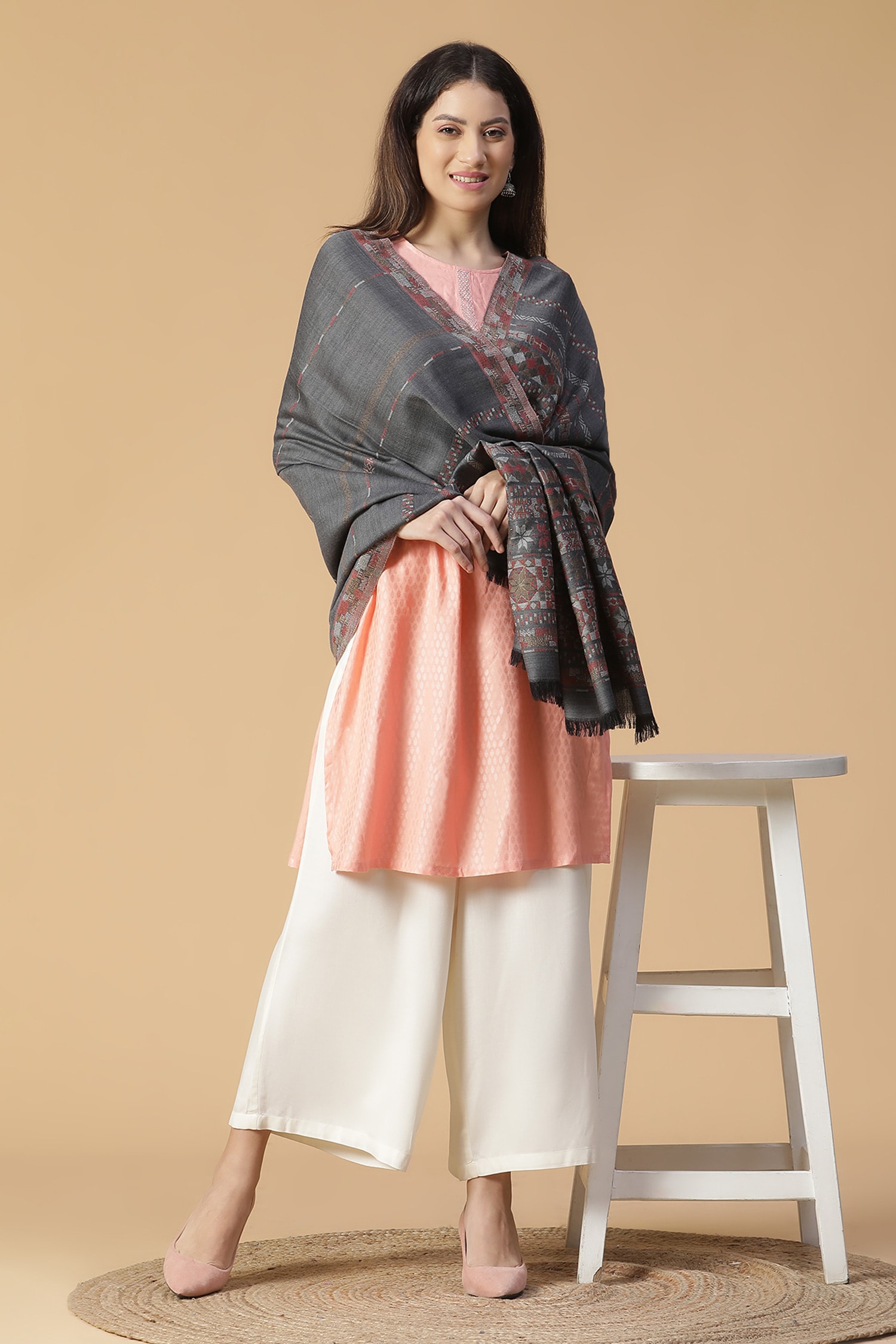 Buy Grey Stripe Woven Pattern Kiyana Wool Jacquard Shawl by SHINGORA ...