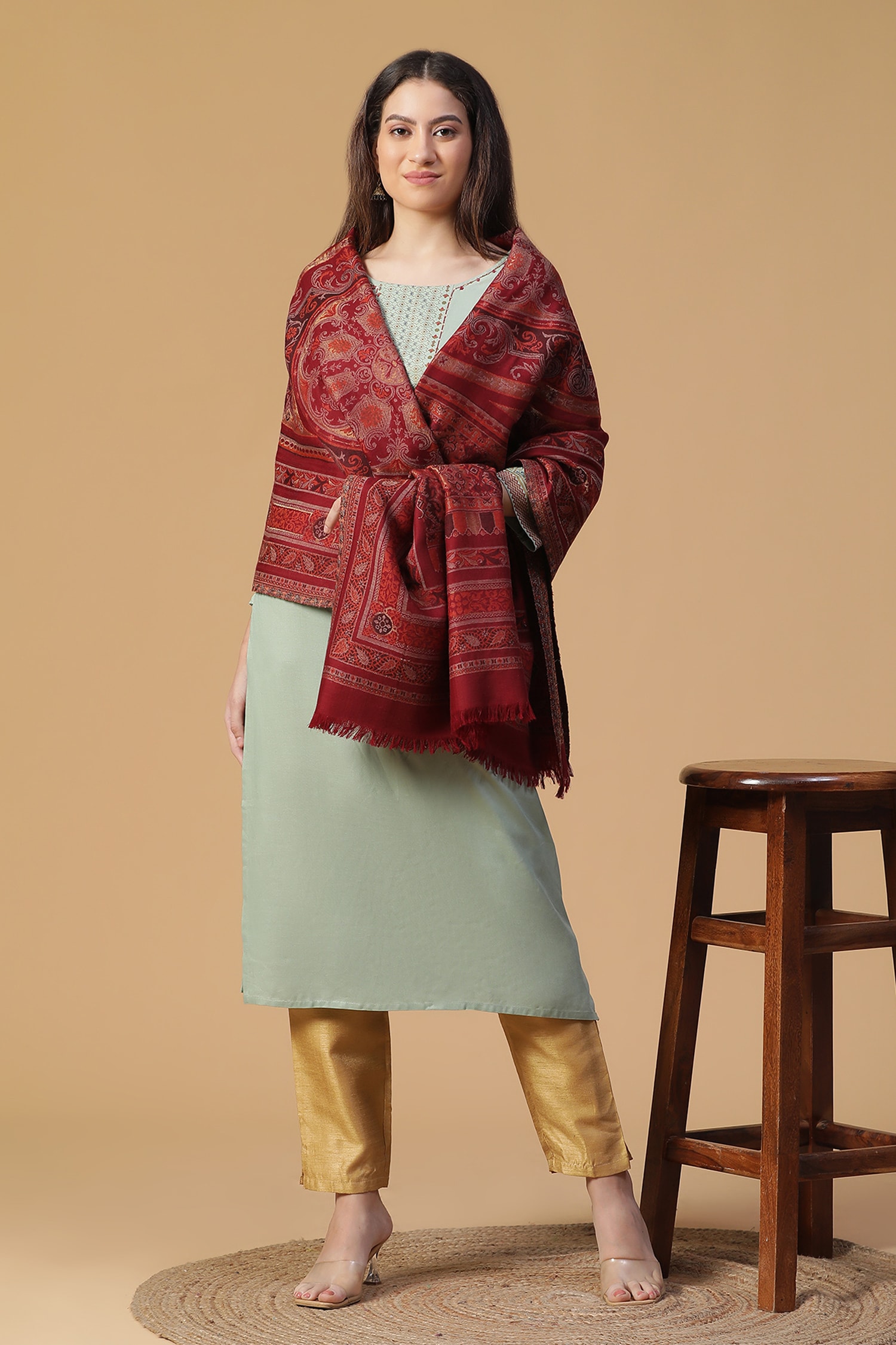 Buy Maroon Woven Illiyeen Mughal Floral Pattern Shawl by SHINGORA ...
