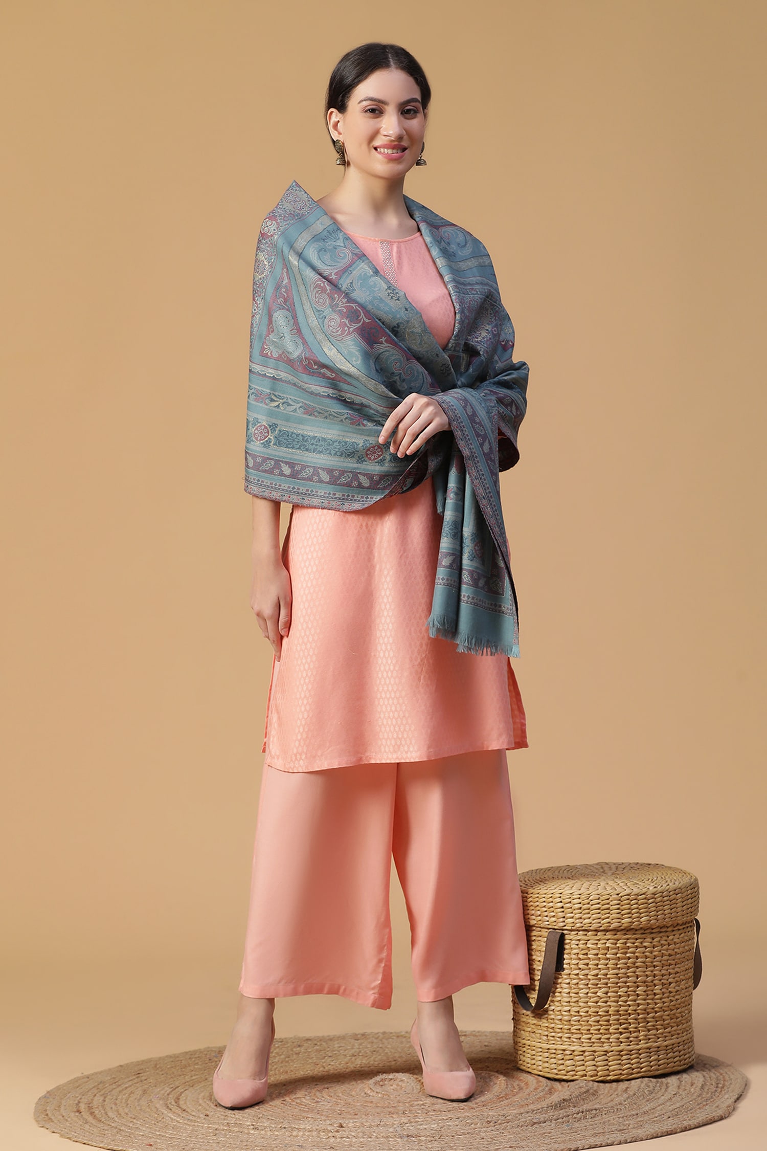 Buy Sky Blue Woven Illiyeen Mughal Floral Shawl by SHINGORA Online at ...