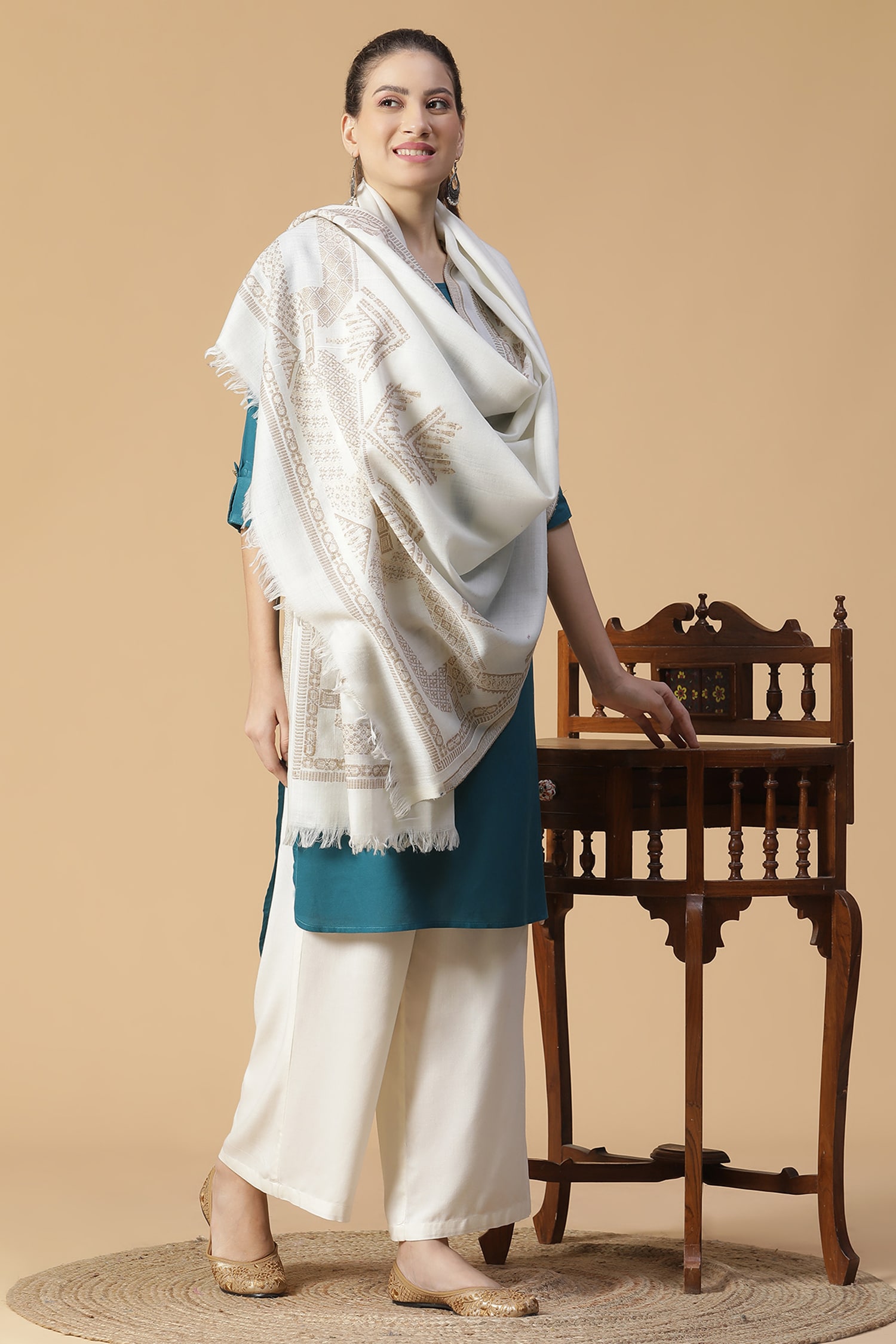 Buy Off White Tribal Woven Pattern Jacquard Shawl by SHINGORA Online at ...
