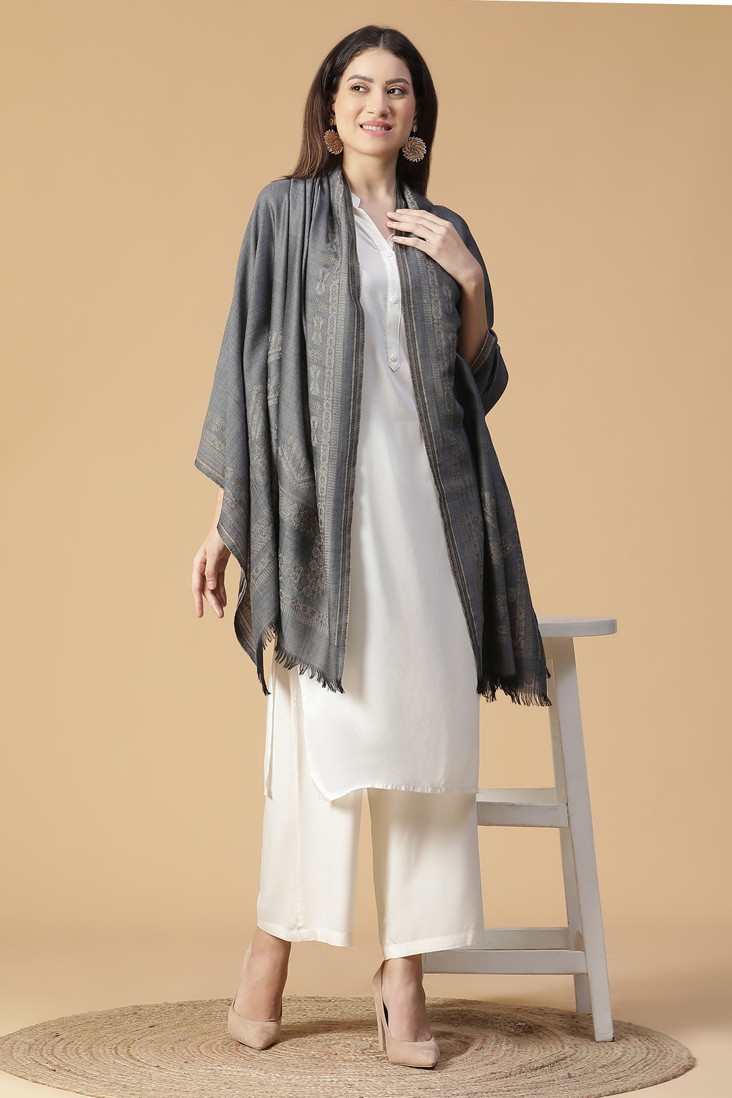 Buy Grey Tribal Woven Pattern Jacquard Wool Shawl by SHINGORA Online at ...