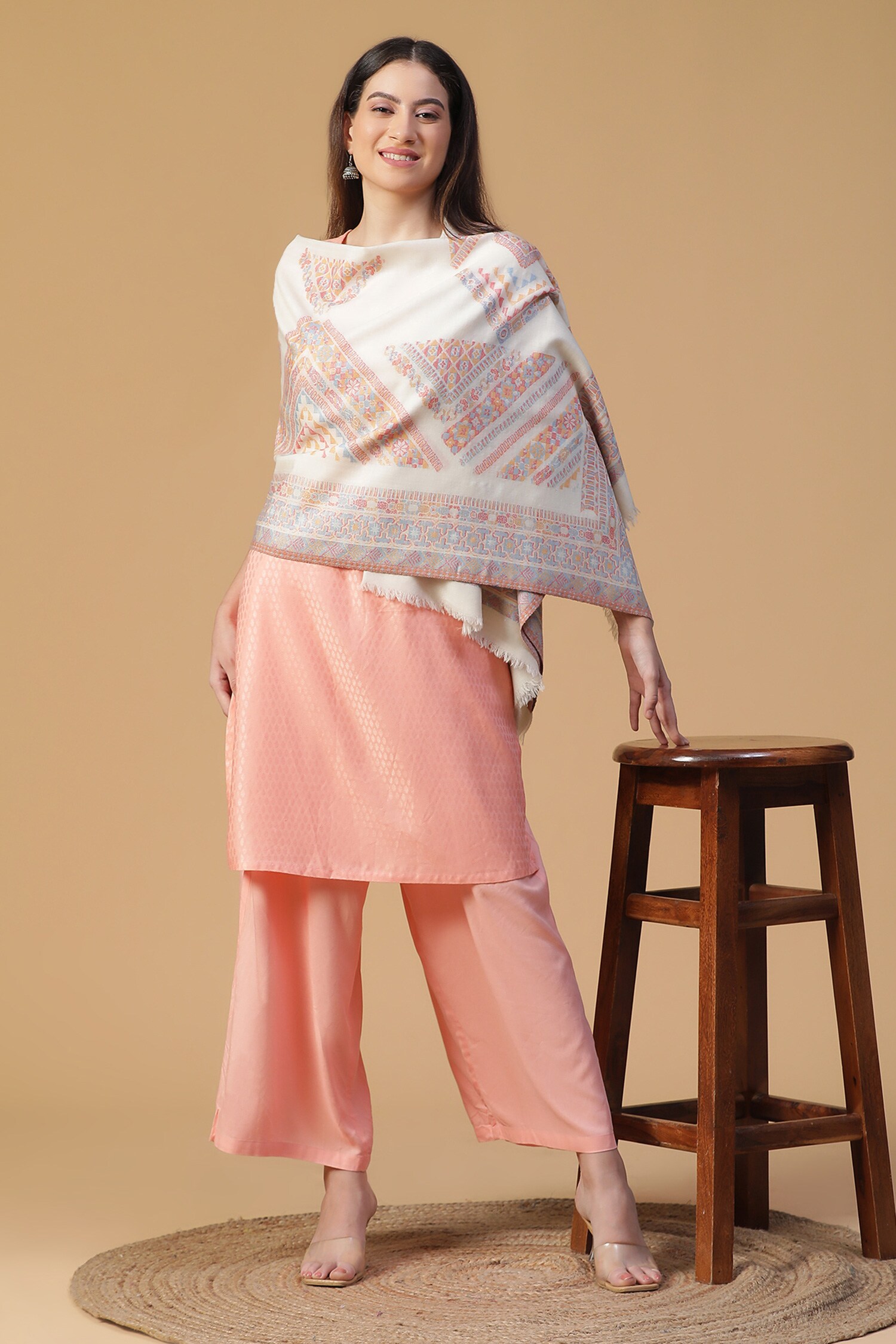 Buy Off White Vintage Woven Pattern Jacquard Shawl by SHINGORA Online ...