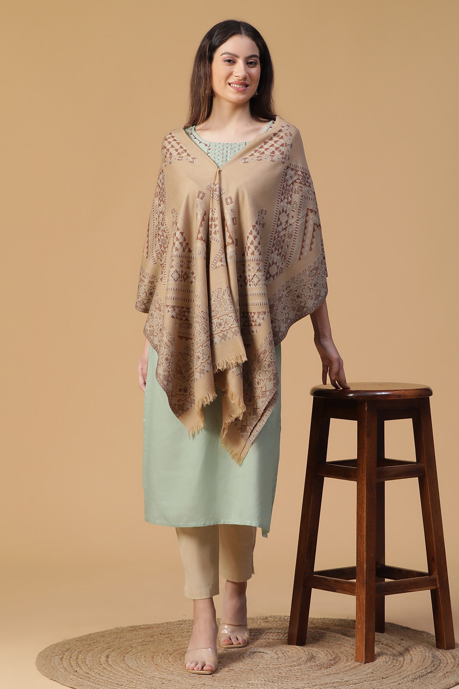 Buy Beige Vintage Woven Pattern Jacquard Wool Shawl by SHINGORA Online ...