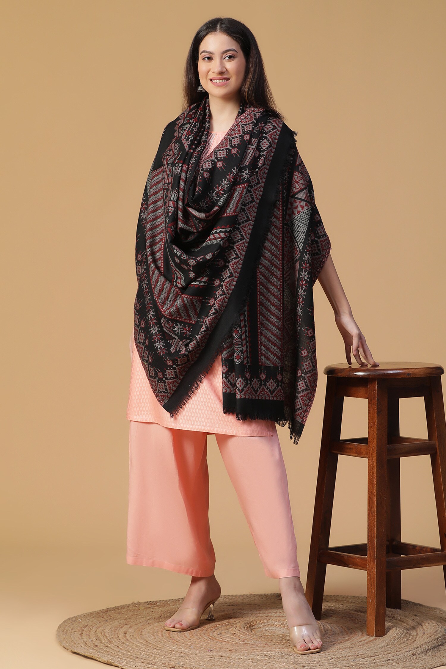 Buy Black Vintage Woven Pattern Mahi Jacquard Wool Shawl by SHINGORA ...