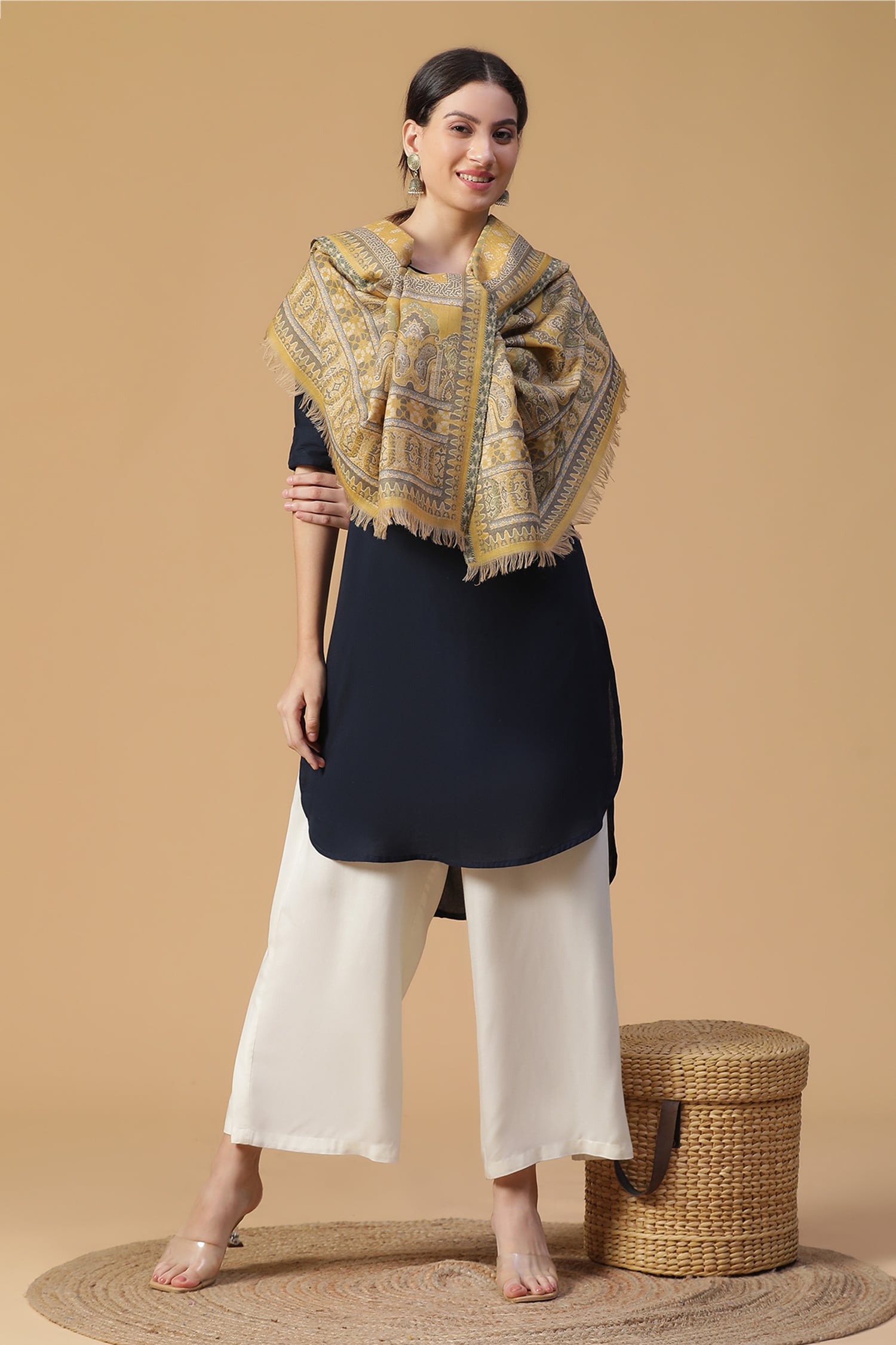 Buy Yellow French Damask Saida Bloom Woven Stole by SHINGORA Online at ...