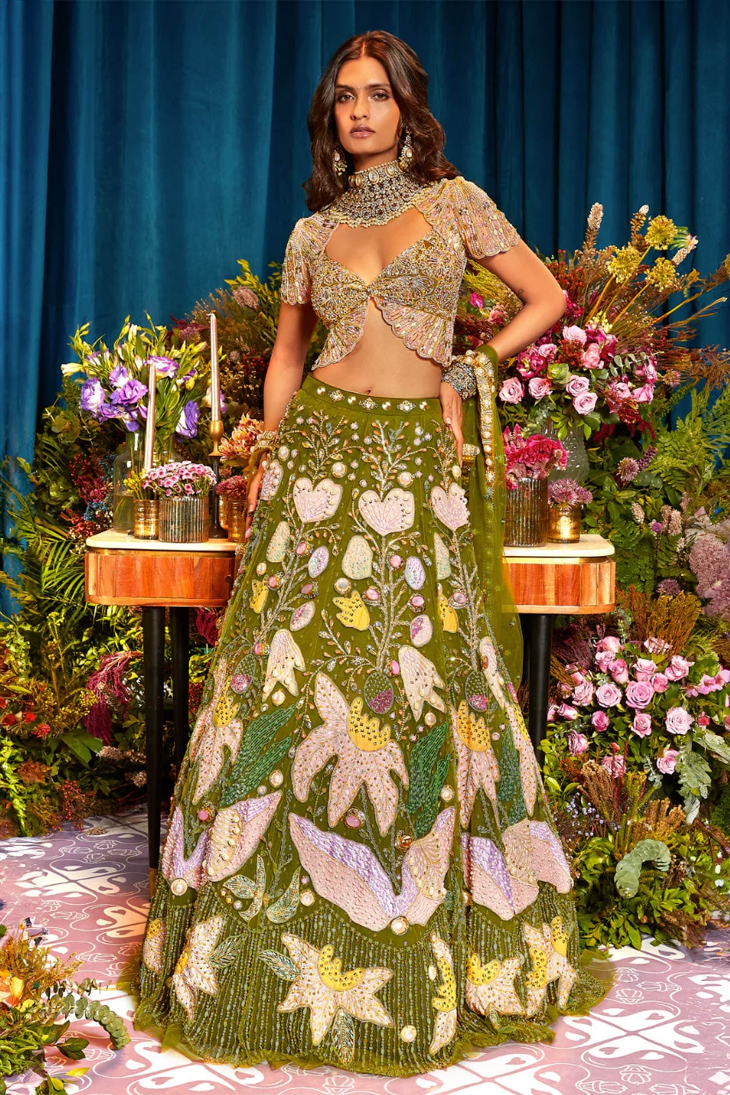 Buy Green Tulle Embroidery Sequin Notched Floral Patchwork Lehenga Set ...