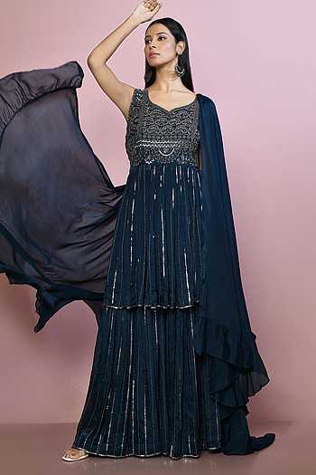 Buy Blue Kurta And Palazzo Silk Embroidery Cutdana Leaf Neck Set For ...