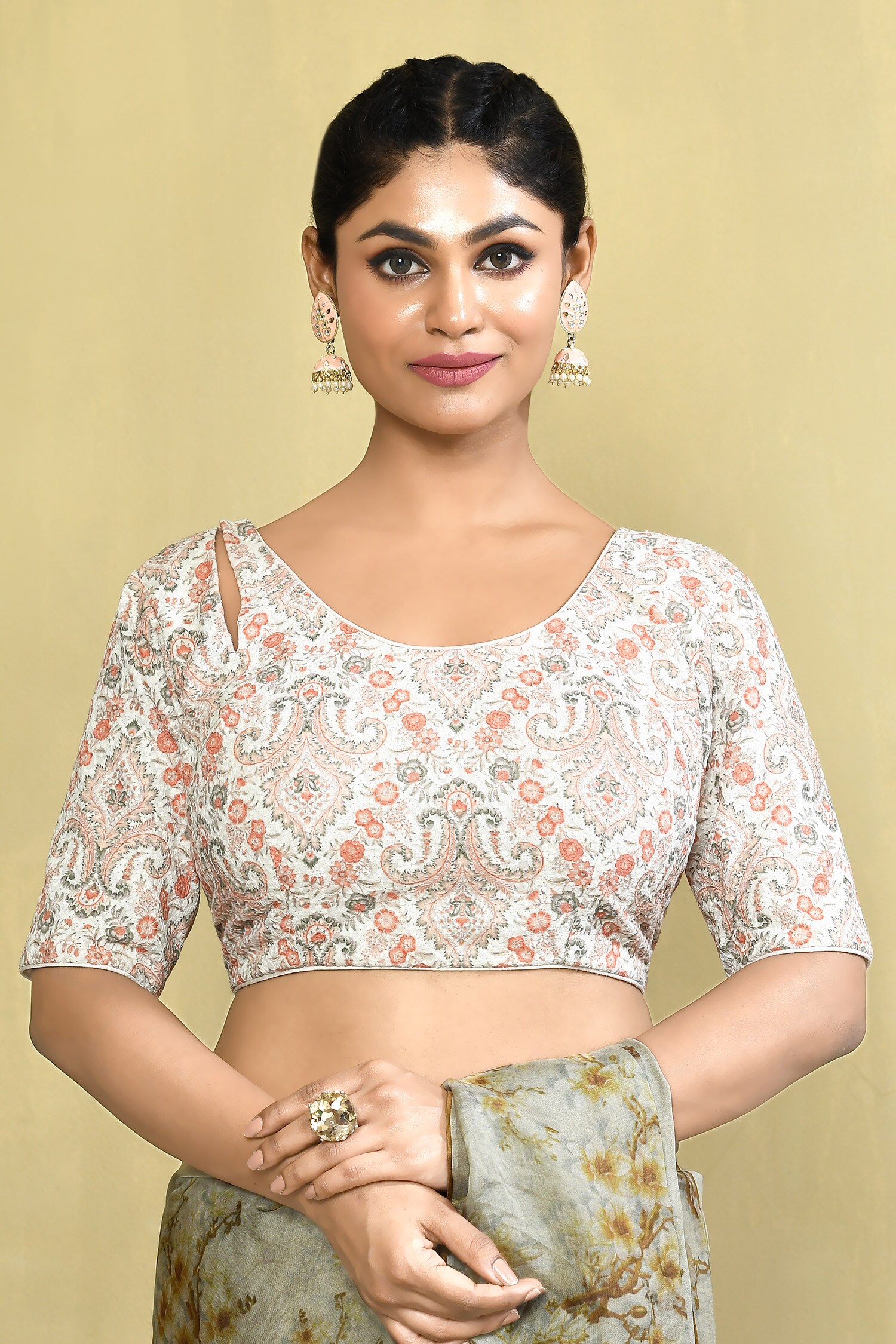 Buy Beige Cotton Woven Damask Bloom Round Neck Blouse For Women by ...