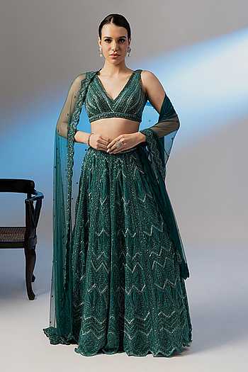 Buy Green Organza Hand Embroidered Cut Dana V And Sequin Bridal Lehenga ...