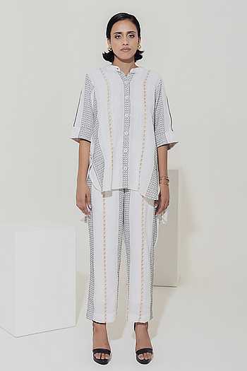 Buy Ivory 100% Handwoven Cotton Hand Embroidered Thread Shirt And Pant ...