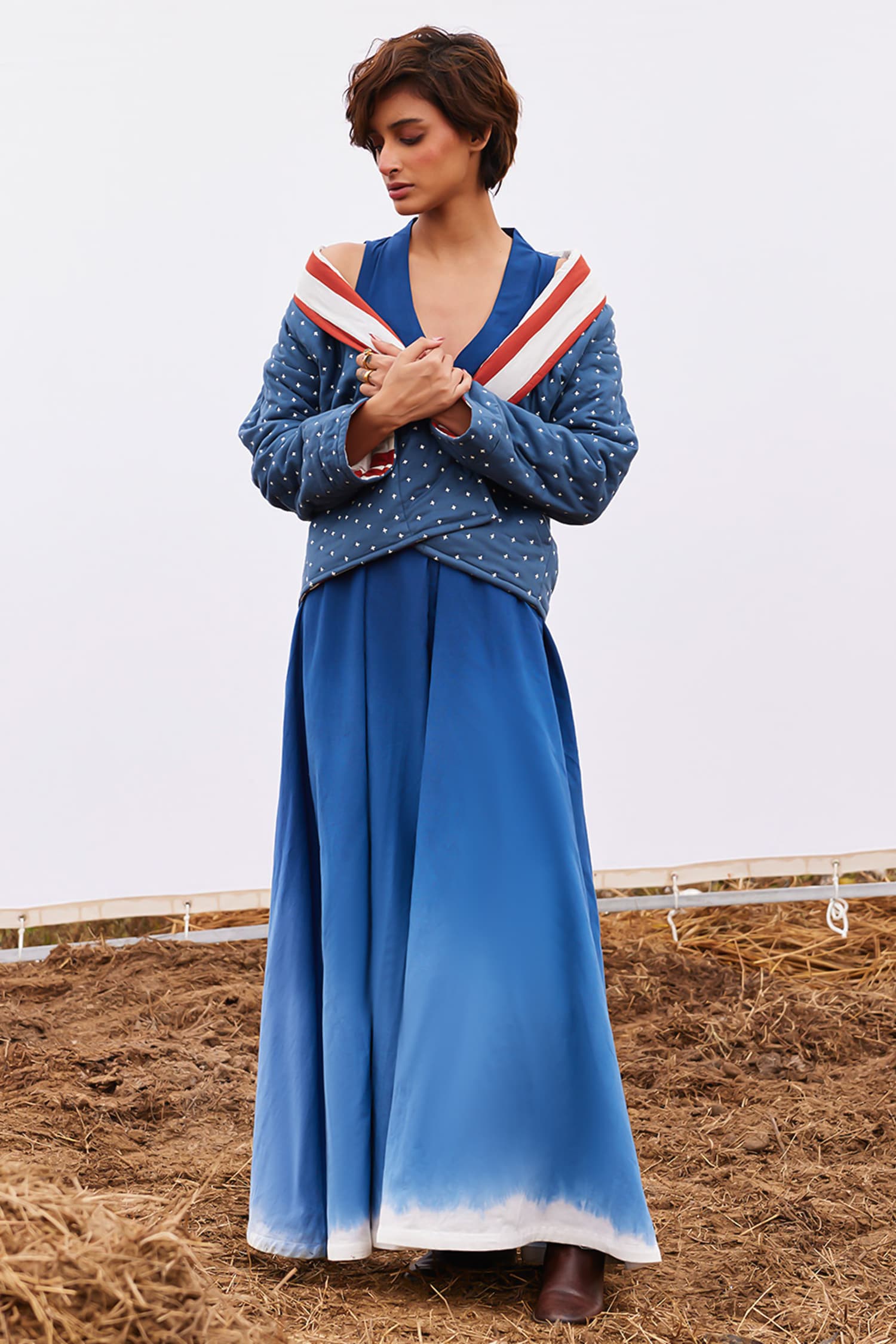 Buy Blue Cotton Herringbone Shawl Collar Cyan Quilted Jacket For Women ...