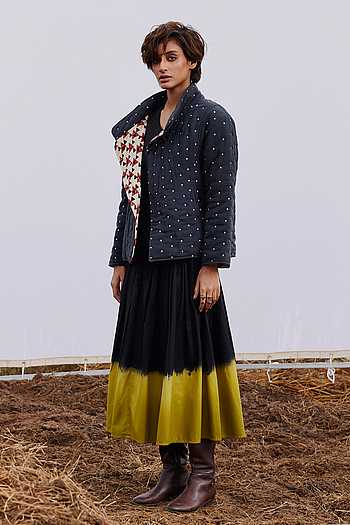 Buy Black Gauge Cotton Geometric Motif Stand Full Sleeves Quilted ...