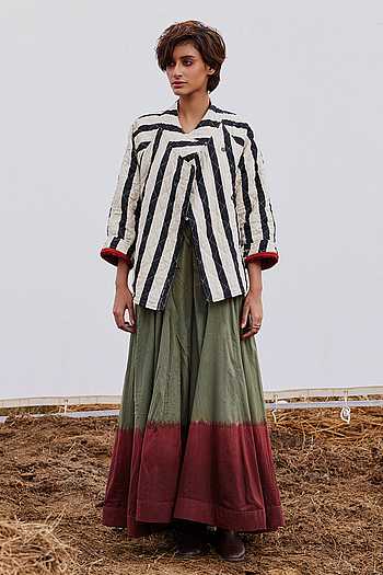 Buy Black Cotton Mul Print Stripe Collared Neck Jade Pattern Jacket For ...