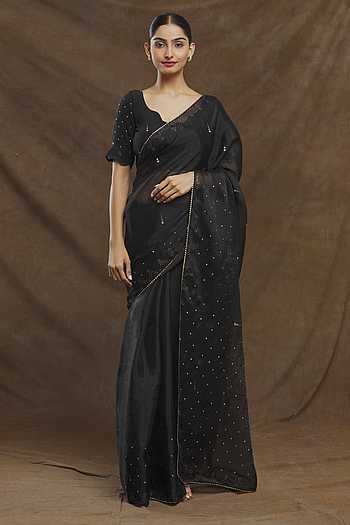 Buy Black Hand Weaved Pure Silk Organza Embroidered Kaamdani Work Saree ...