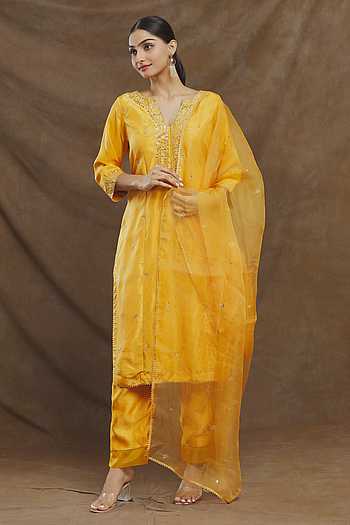 Buy Yellow Kurta: Pure Silk Hand Embroidered Kaamdani Floral Set For ...