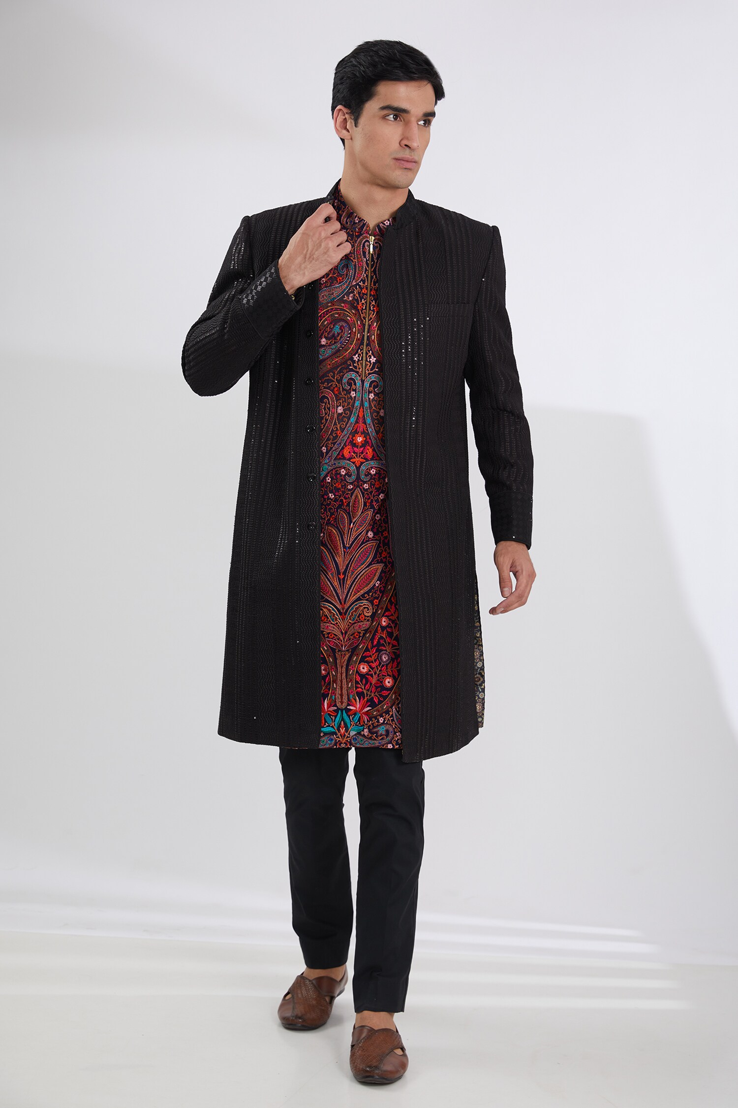 Buy Black Sherwani And Kurta: Georgette Embroidered Resham Waves Line ...