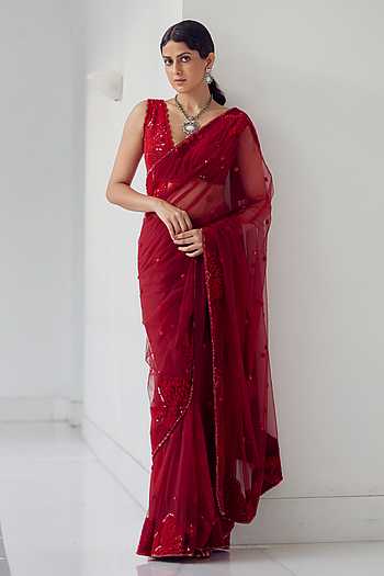 Buy Red Soft Tulle Embroidery Darla Rafflesia Garden Saree With Blouse ...