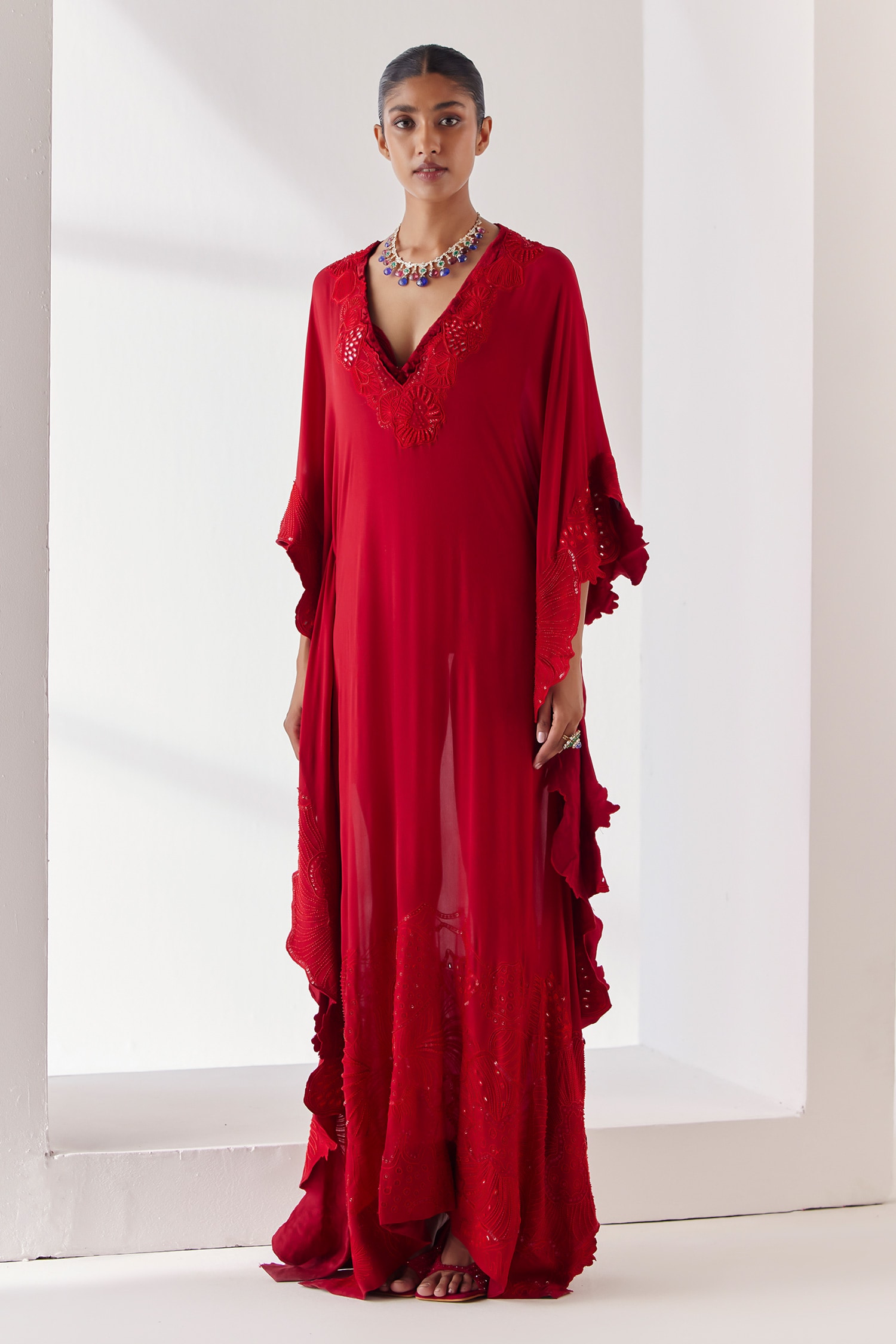 Buy Red Kaftan Chiffon Shui Florence Cut Work Embellished With Slip For ...