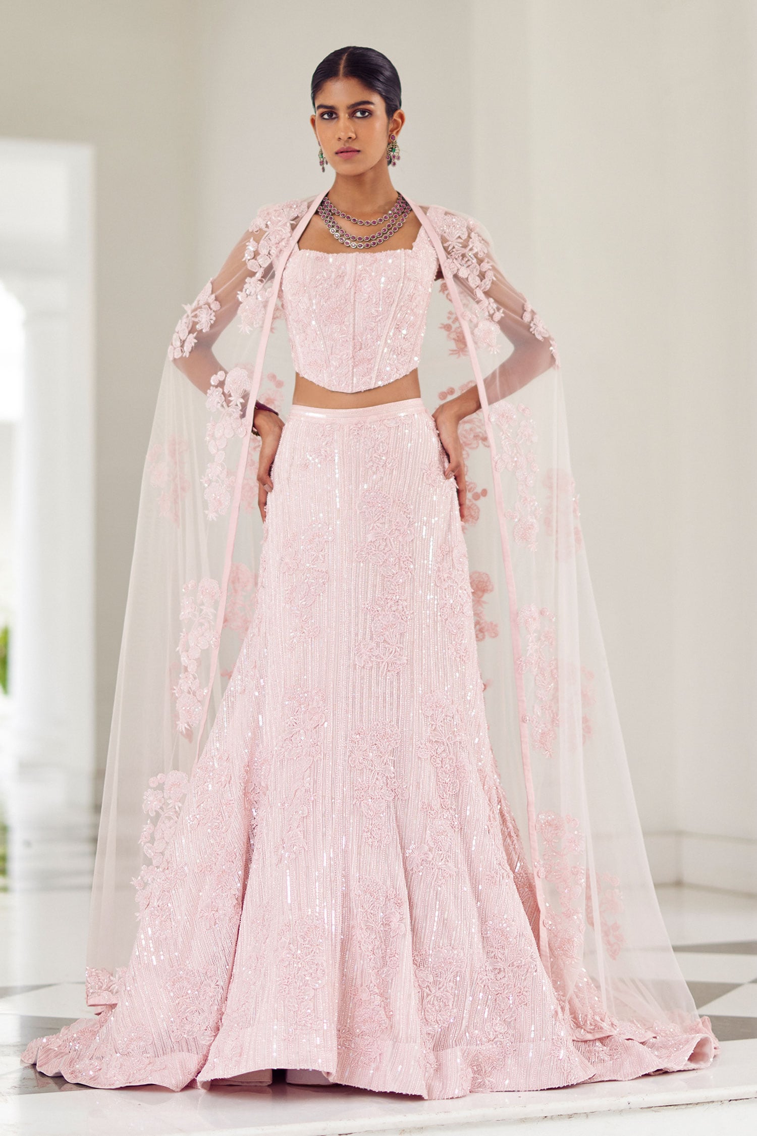 Buy Pink Soft Tulle Embroidery Sequins Attina Pearls Mermaid Lehenga ...