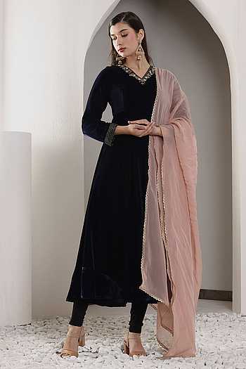 Buy Blue Kurta Velvet Embroidered Sequin V Neck Hand Anarkali Churidar ...