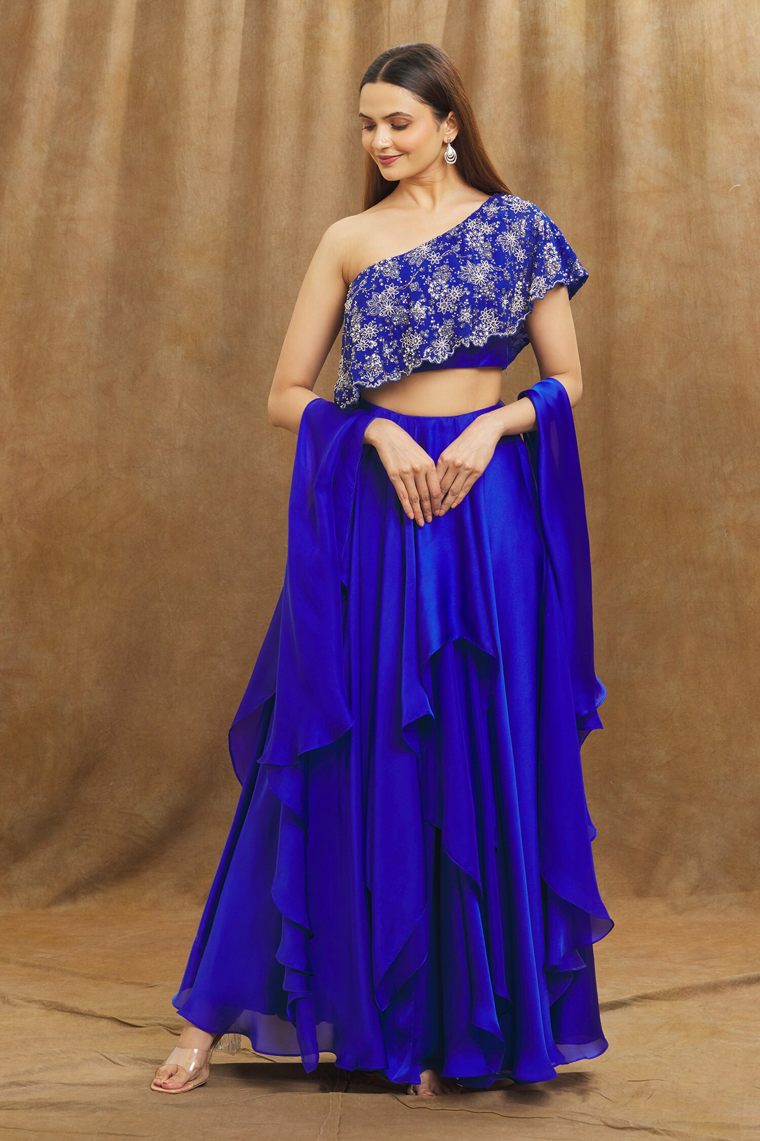 Buy Blue Lehenga And Dupatta Satin Silk Embroidered Bead Blouse Skirt