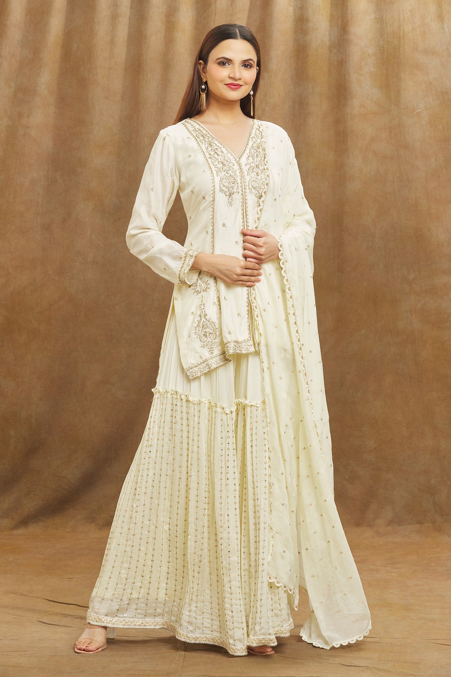 Buy Cream Kurta: Silk Embroidered Sequin V Neck Short Sharara Set For ...