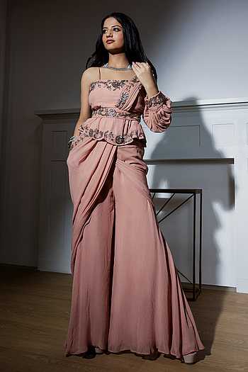 Buy Rose Gold Georgette Hand Embroidered Cut Sharara Saree With Blouse ...