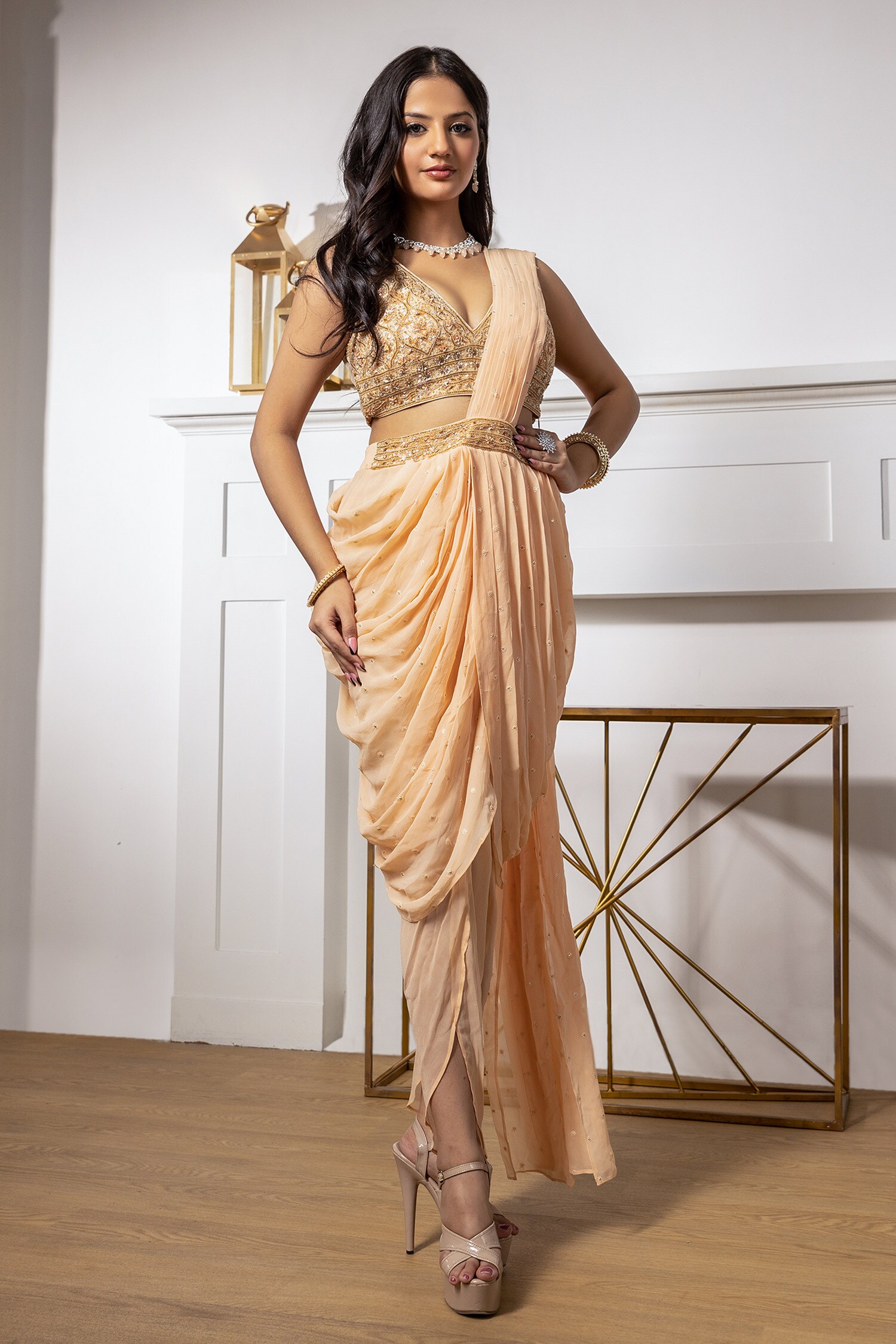 Buy Peach Net Hand Embroidered Cut Dana Sequin Dhoti Saree With Blouse ...