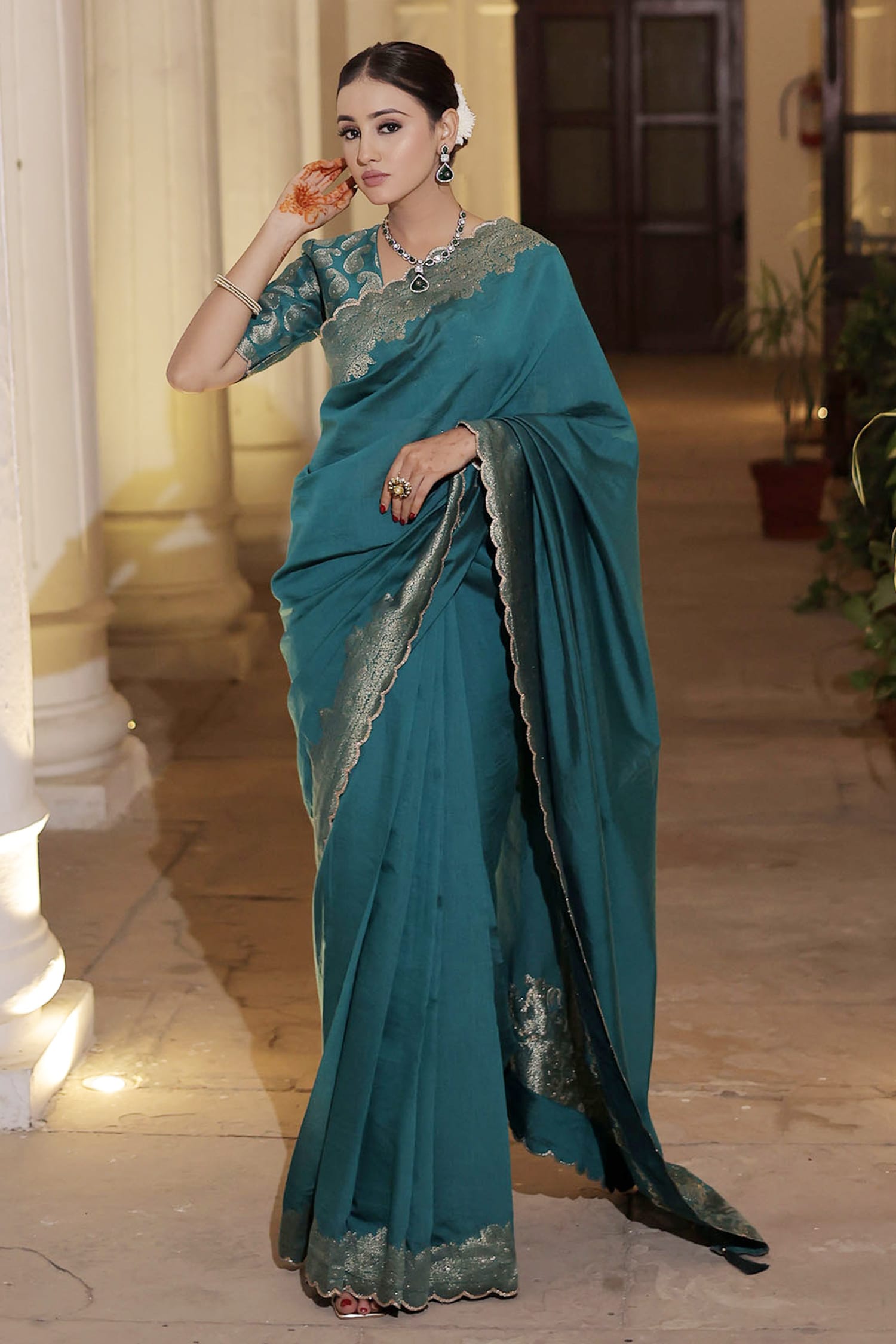 Buy Blue Moonga Silk Woven Zohreh Scallop Border Saree With Blouse For Women by Safaa Online at ...