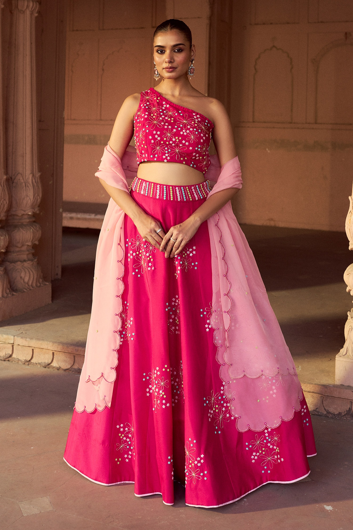 Buy Fuchsia Silk Embroidered One Shoulder Floral Lehenga Set For Women