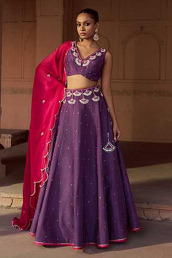 Buy Purple Silk Embroidered Sequin V Neck And Bead Lehenga Set For ...
