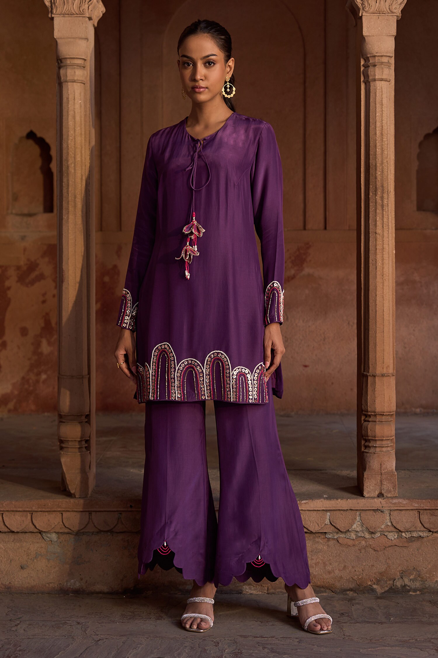 Buy Purple Silk; Lining: Shantoon Persian Mural Kurta With Flared Pant ...