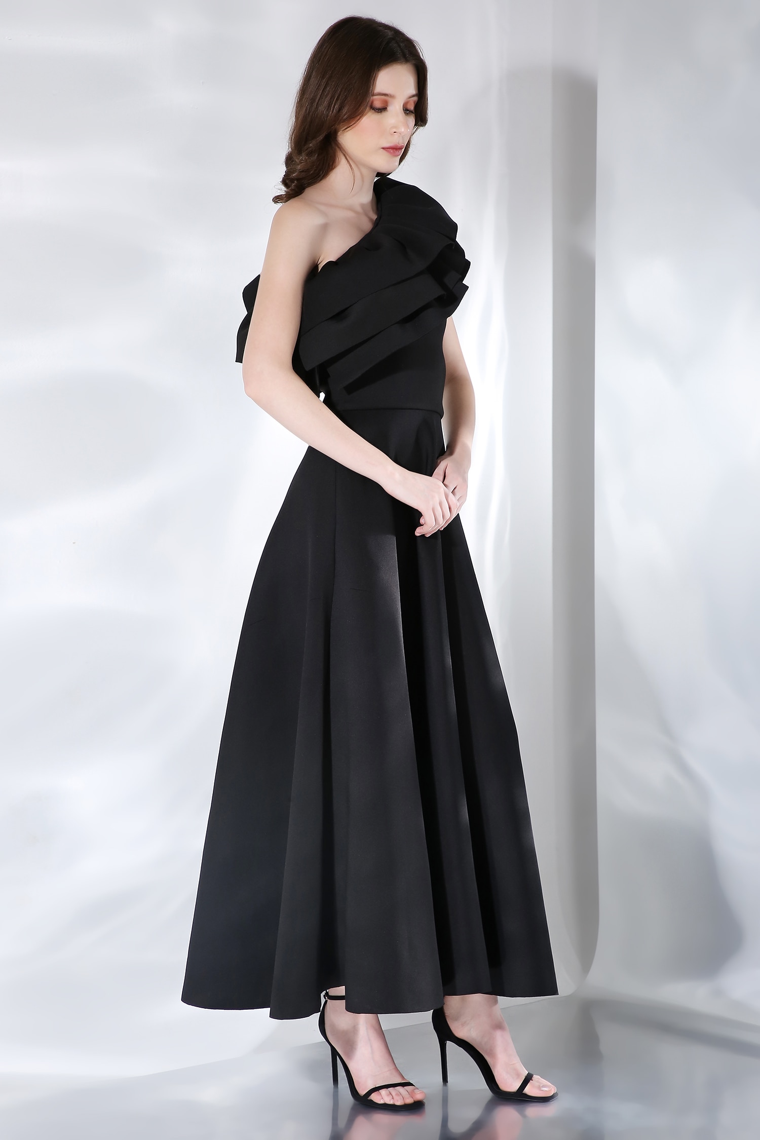 Buy Black Neoprene Plain Dess Straight Gaia Dress And Ruffle Overlay ...