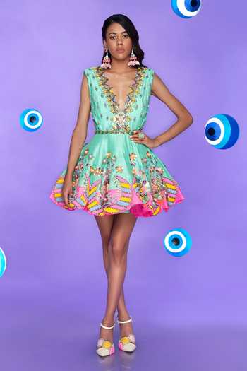Buy Green Raw Silk Embellished Candy Fluff 3d Flower Embroidered Dress ...