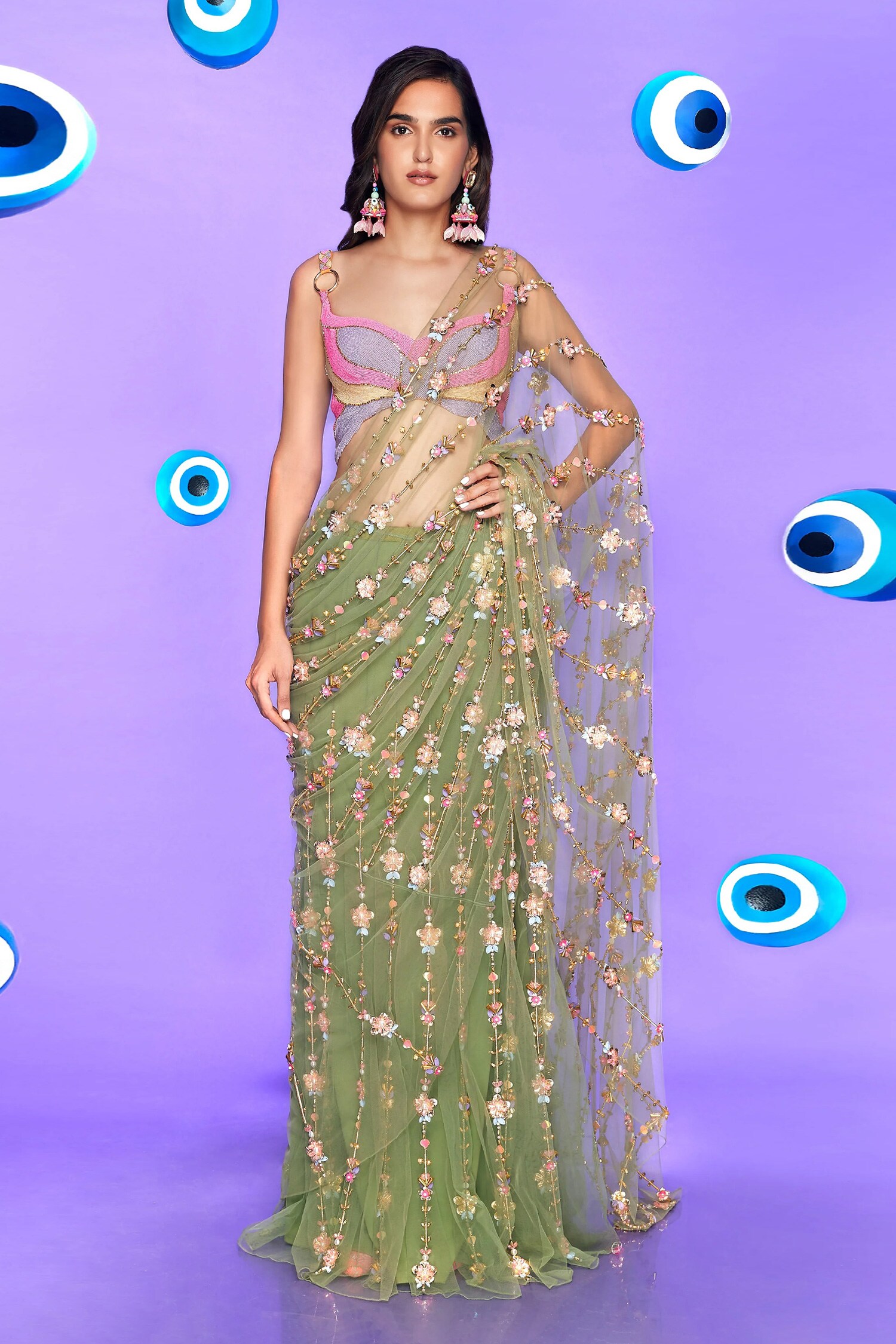 Buy Green Tulle Fiery Mermaid Pre-stitched Saree With Bralette For ...