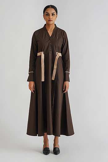 Buy Brown Cotton Poplin Plain V Neck Placket Slit Solid Dress For Women ...