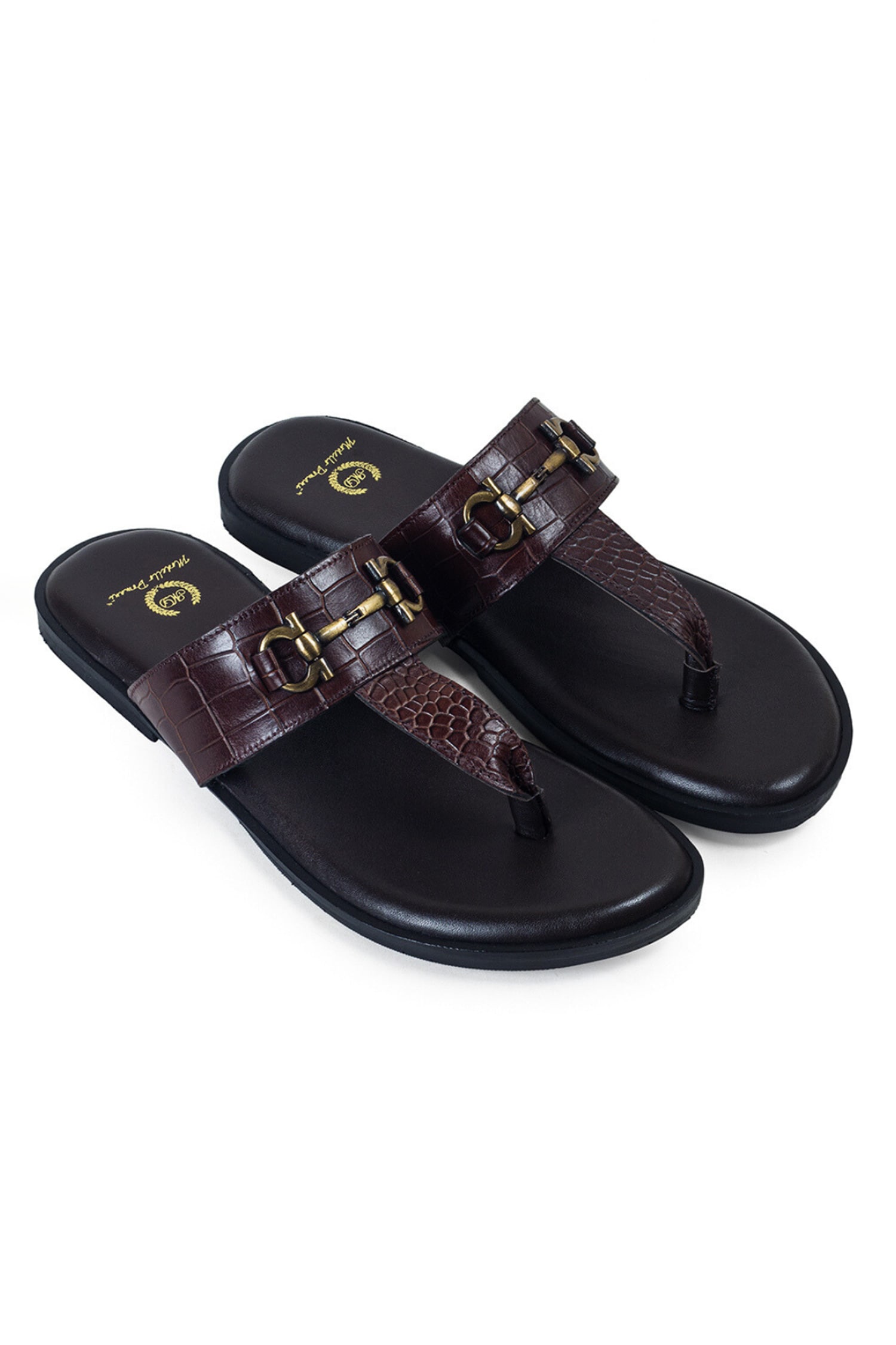 Buy Brown Textured Louis Leather Embossed Slippers For Men by Domani ...