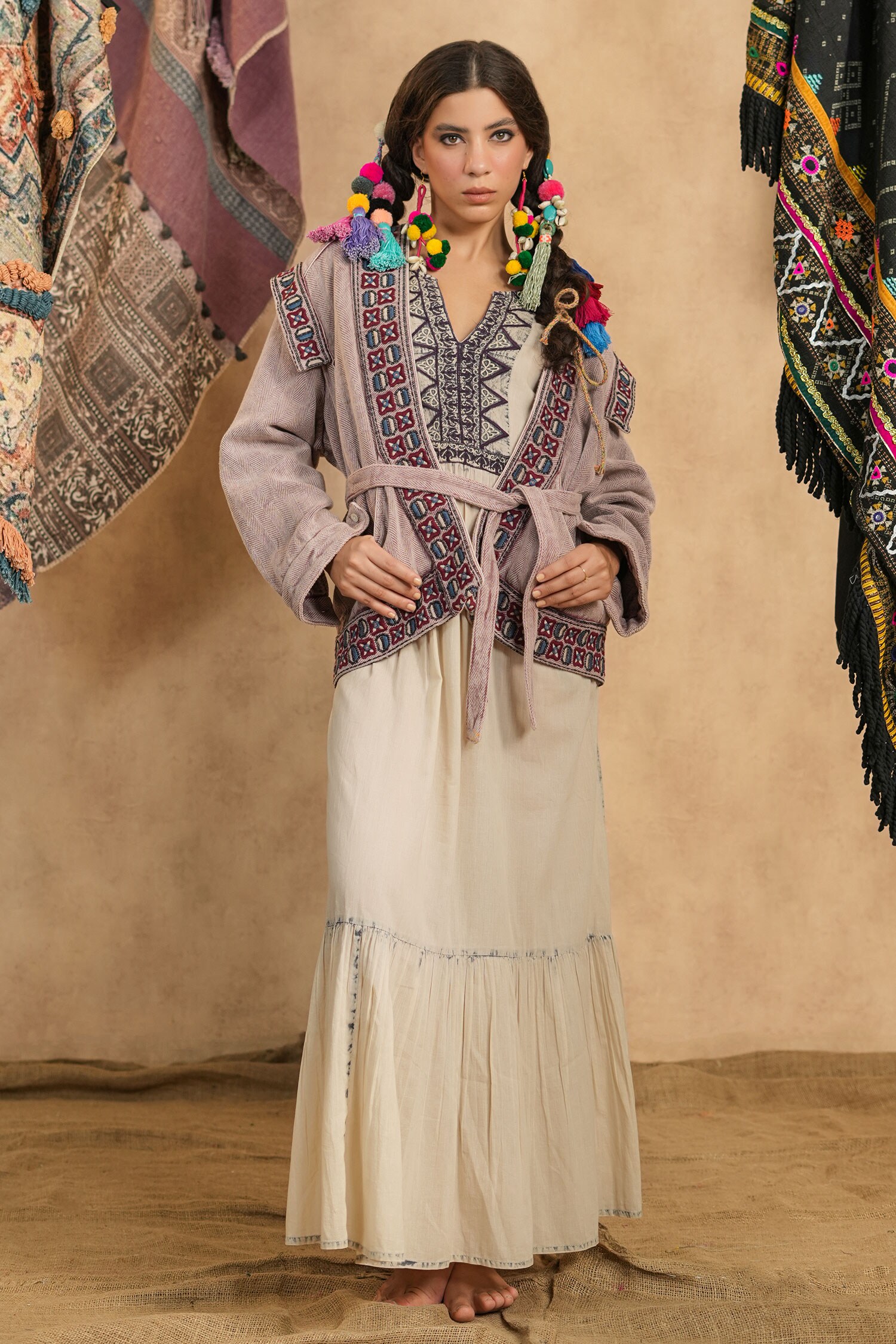 Buy Brown Heavy Cotton Twill Woven Chevron Open Jacket With Belt For ...