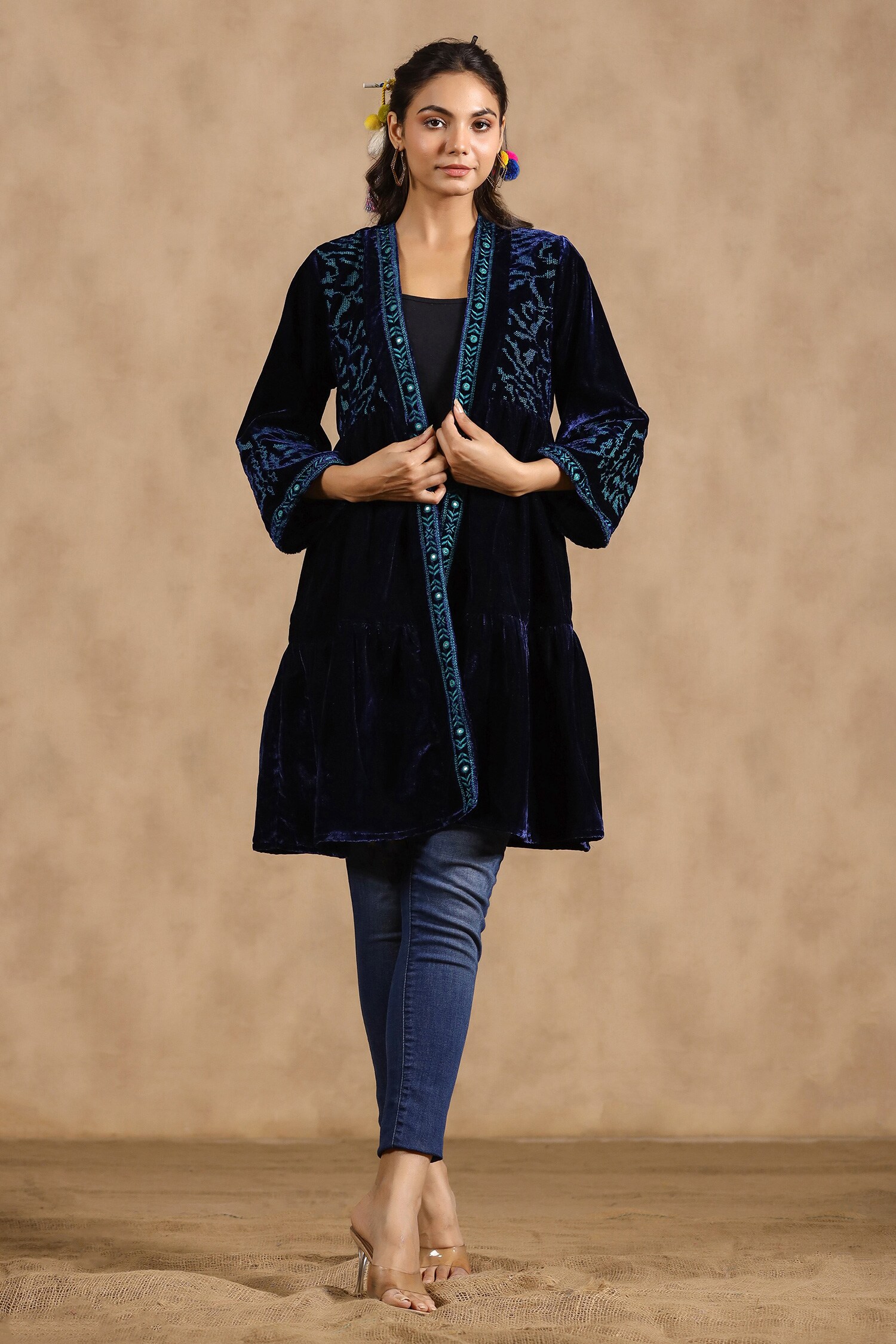 Buy Blue Velvet Embroidered Mirror Open Border Jacket For Women by NYARO Online at Aza Fashions.