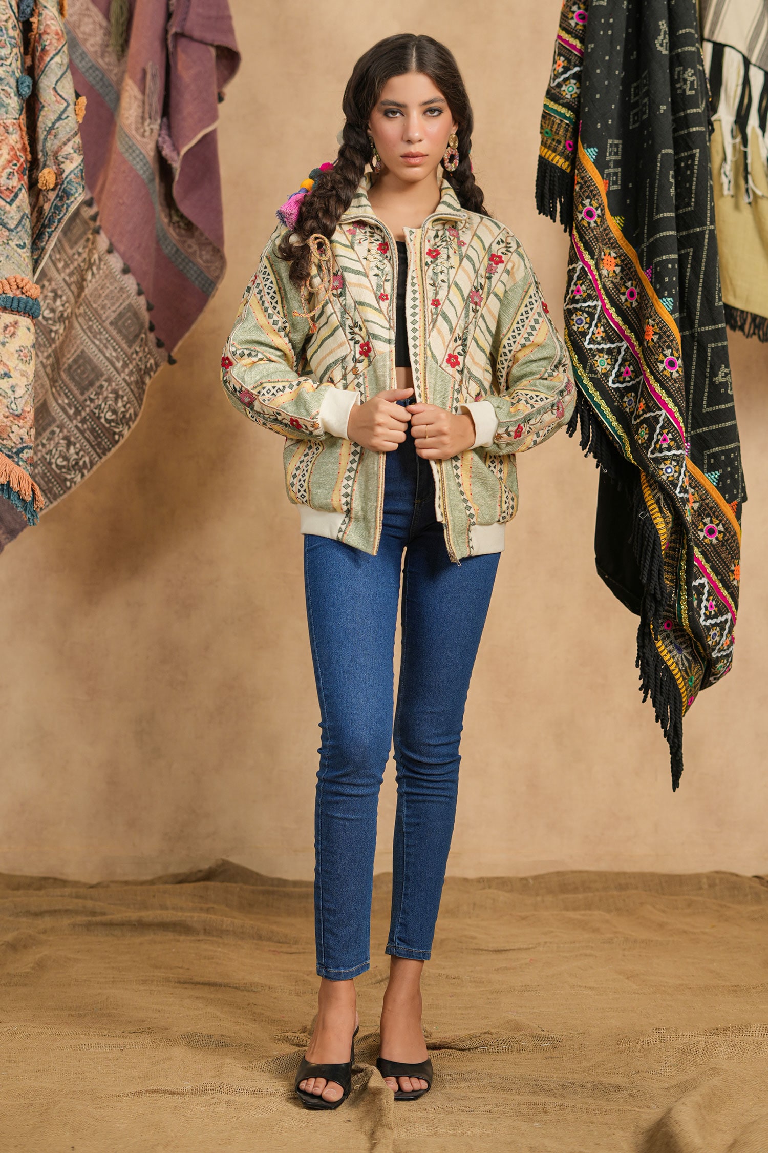 Buy Multi Color Cotton Yard Dyed Woven Stripe High Neck Jacket For Women by NYARO Online at Aza ...