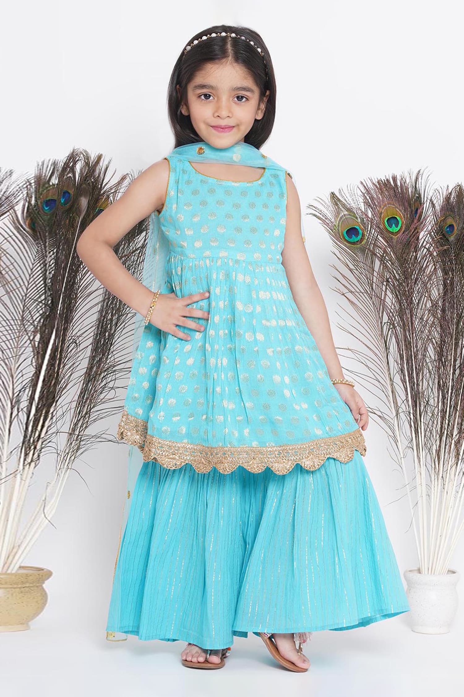 Buy Blue Cotton Woven Floral Butti Anarkali Sharara Set For Girls by ...