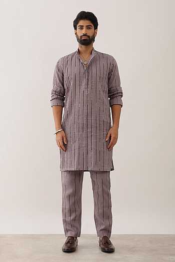 Buy Purple 100% Linen Printed Stripe Kalpit Kurta For Men by Son of A ...