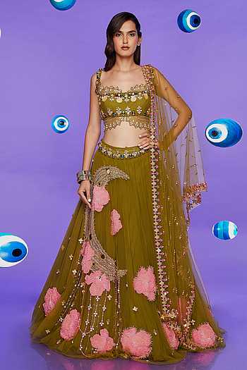 Buy Green Tulle Embellished Glass Bead Night Babe 3d Flower Lehenga Set ...