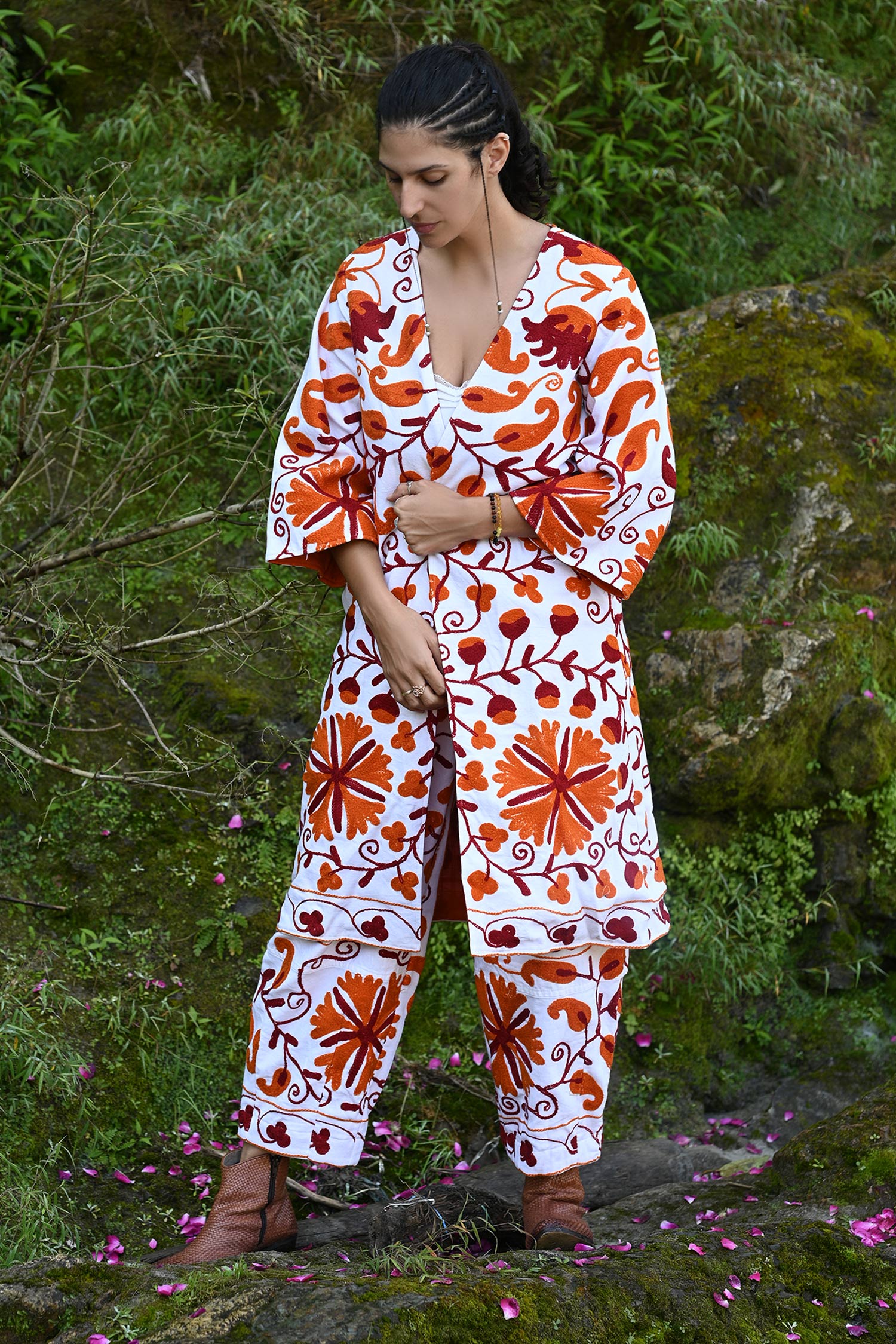 Buy White Azo Free Dyed Handwoven Cotton Embroidered Sarad Ben Jacket ...