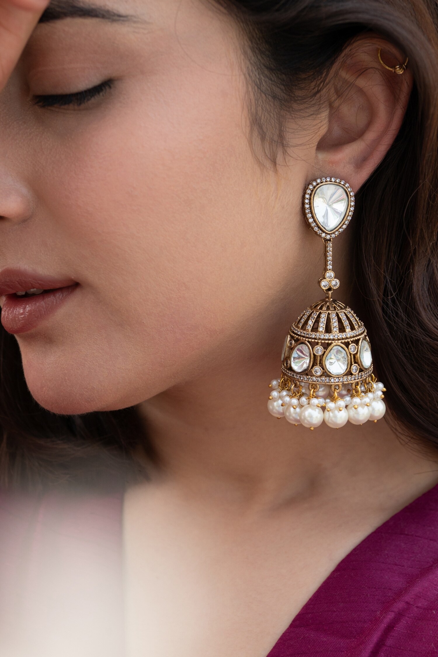 Buy Gold Plated Shell Pearls Polki And Embellished Jhumkas by Do Taara ...
