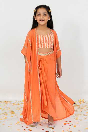 Buy Orange Bustier: Satin Organza Embroidery Cutdana Jacket Skirt Set ...