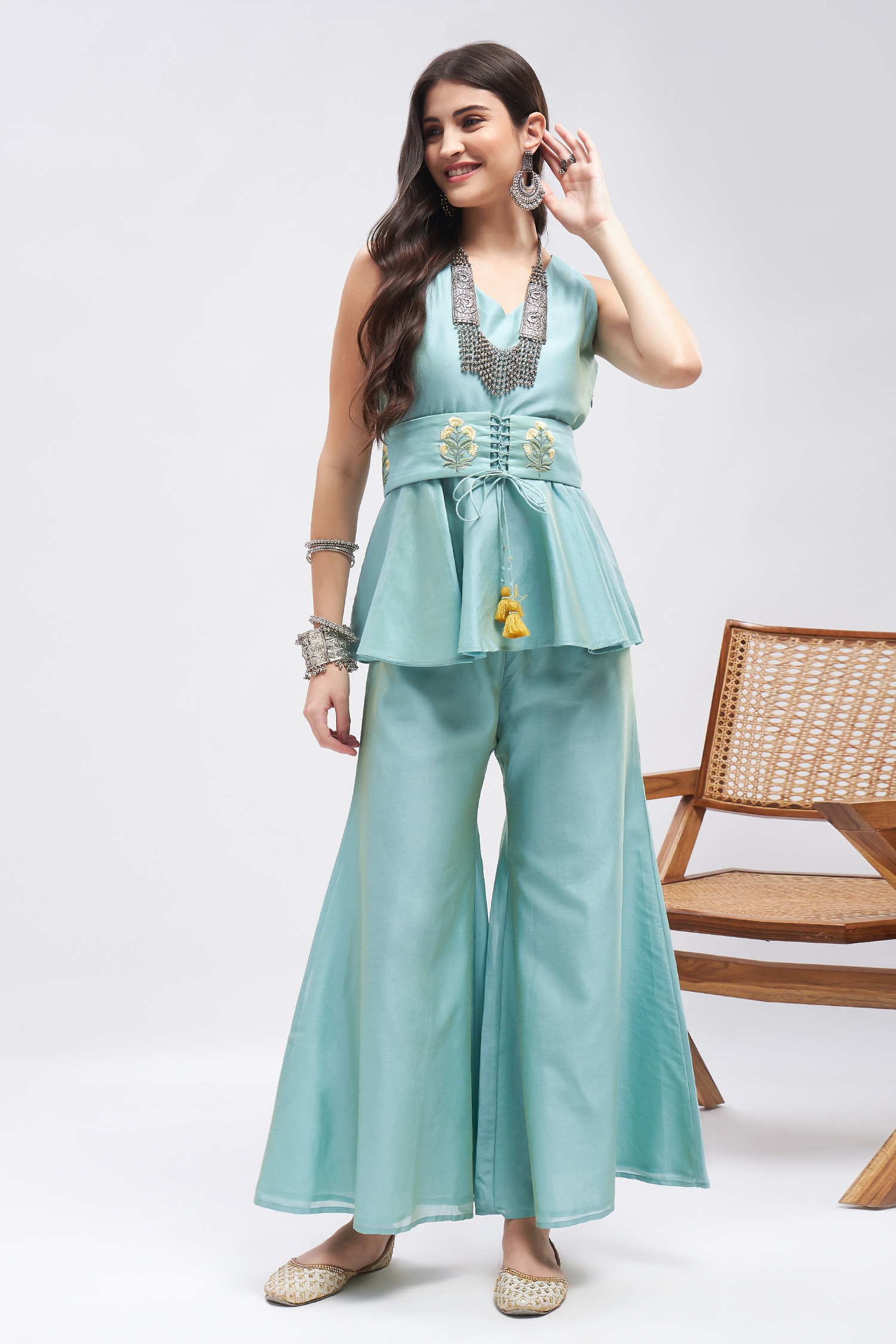 Buy Green Pure Silk Chanderi Kashish Solid Top Pant Set With Belt For Women by RoohbyRidhimaa ...